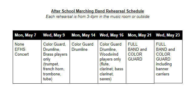 Marching Band Rehearsal Schedule | Dearborn STEM Music