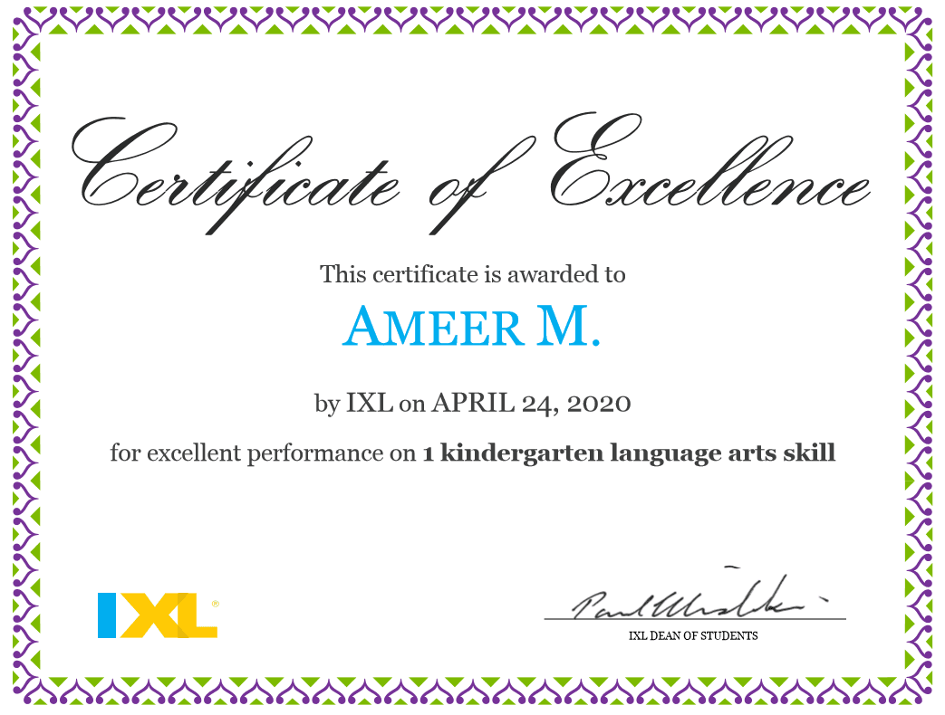 IXL Certificates | Ms. Phoebe's Early Childhood Special Education