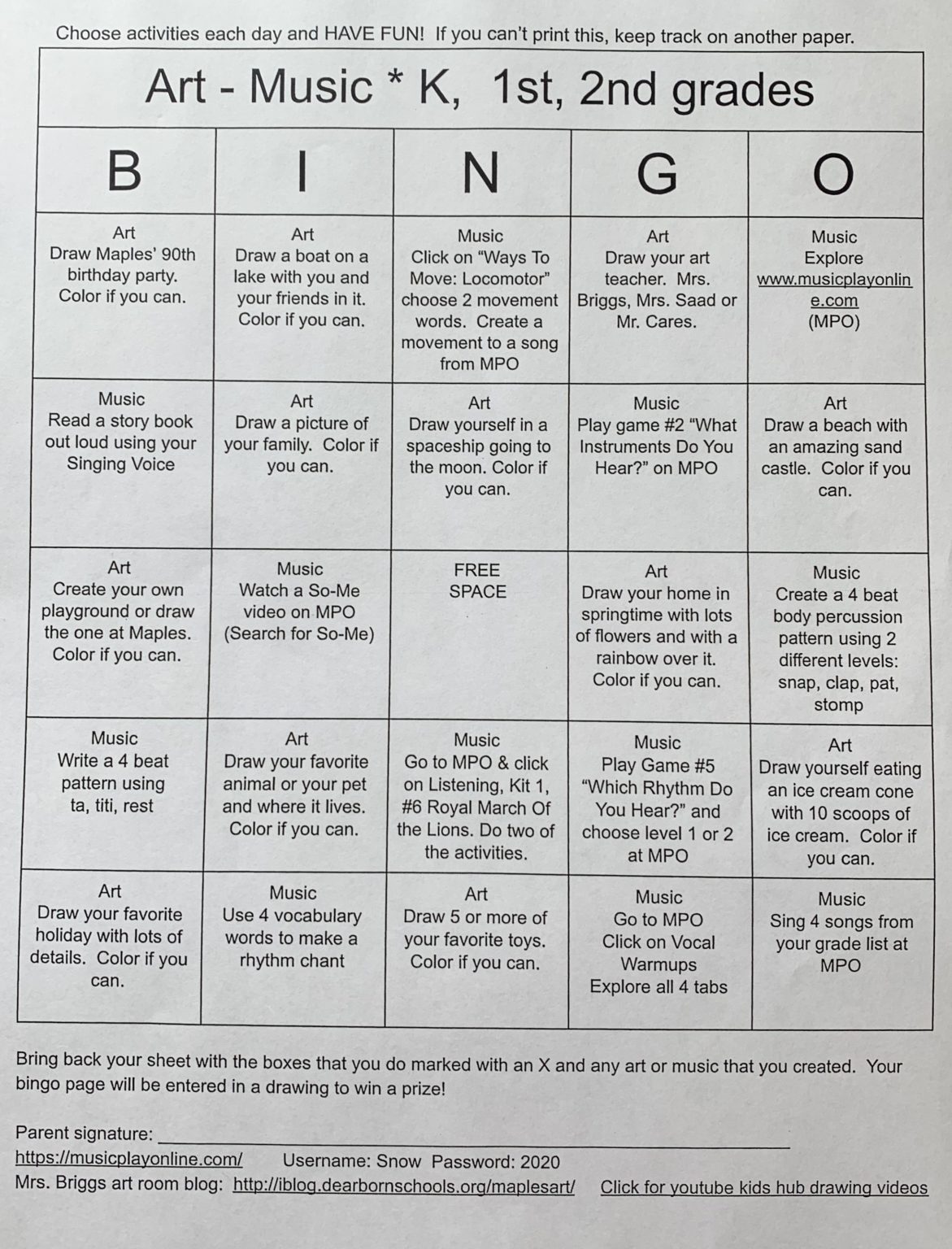Art and Music bingo! | Maples Elementary K-5 Art Mrs. Briggs