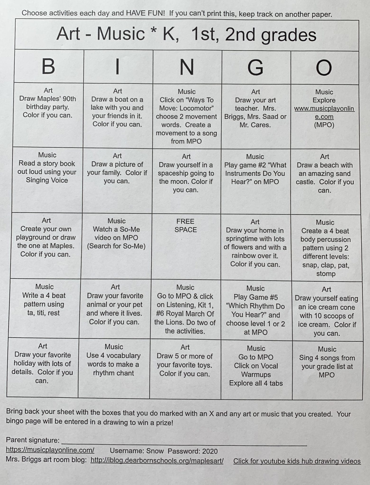 Art and Music bingo! | Maples Elementary K-5 Art Mrs. Briggs