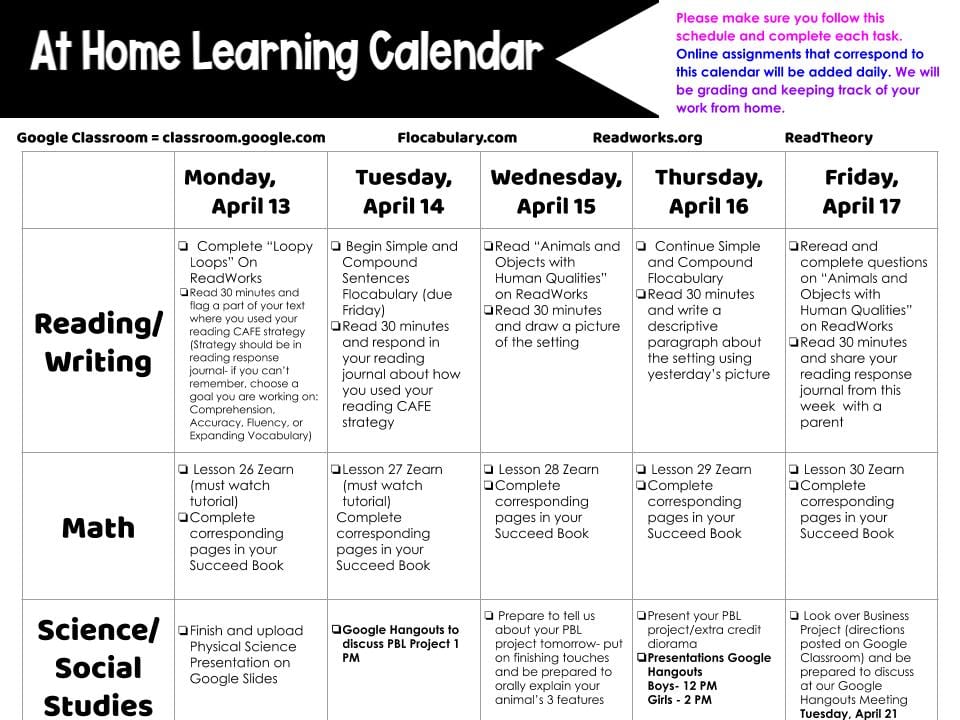 Welcome back! April 13 Online Learning – Mrs. Nosewicz’s Class