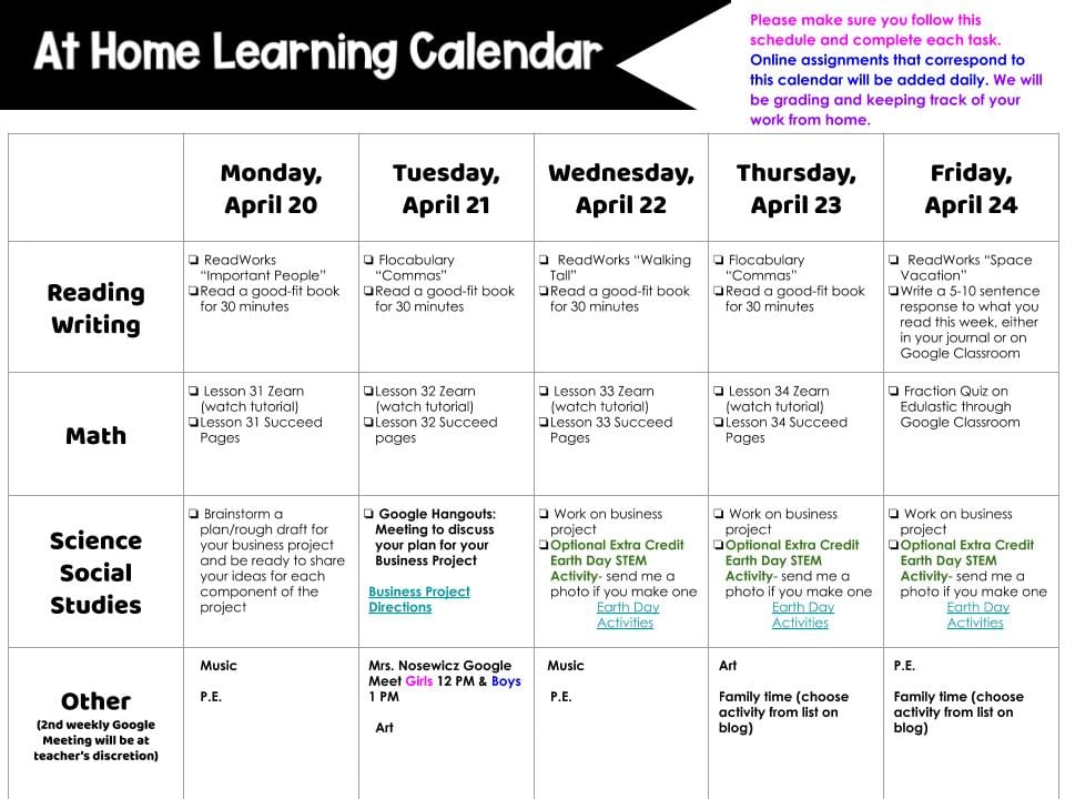 Monday, April 20 – Mrs. Nosewicz’s Class