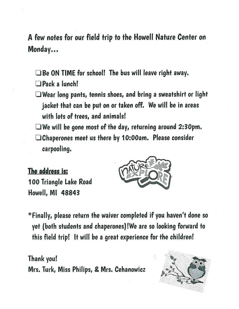 Field Trip Reminders – Ms. Philips' 2nd Grade