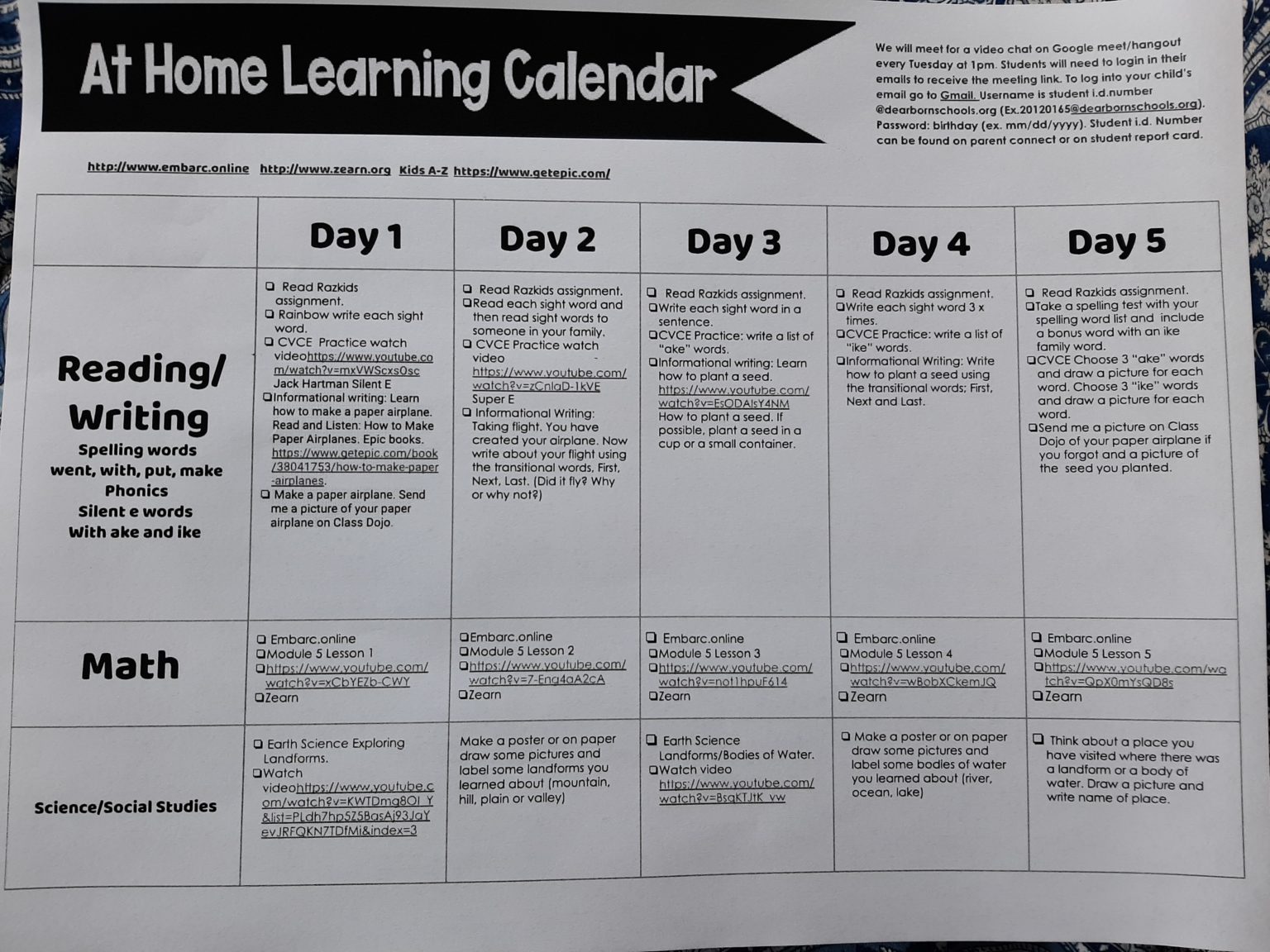 Weekly Remote Learning Plans – Mrs. Polgar's Classroom