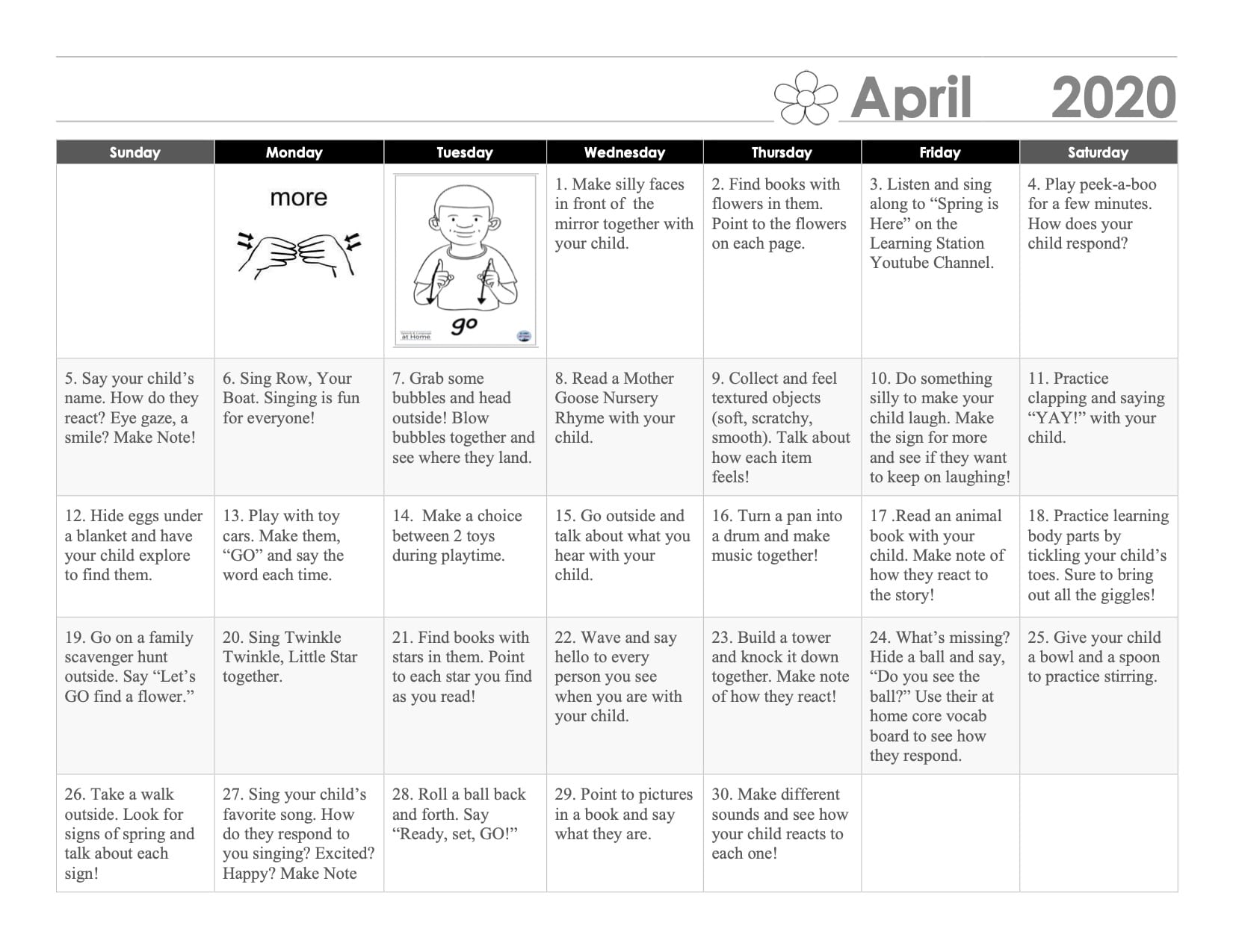 April Communication Calendar – Mrs. Sokoloski's Class