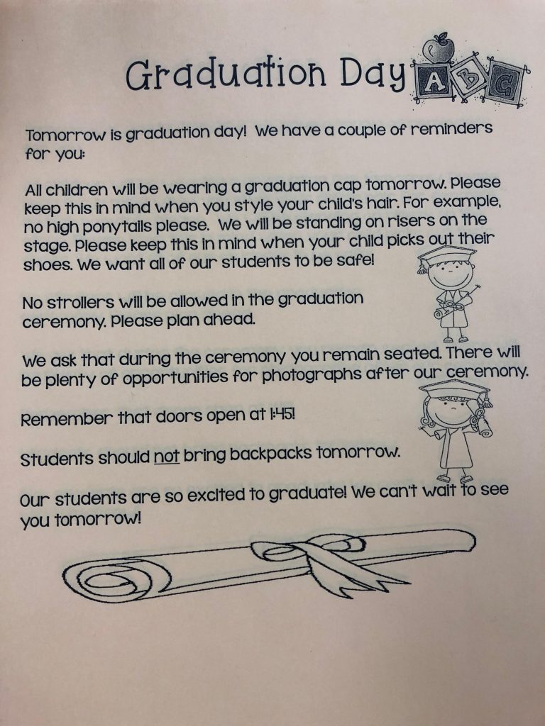 Graduation reminder for tomorrow: » William Ford Kindergarten